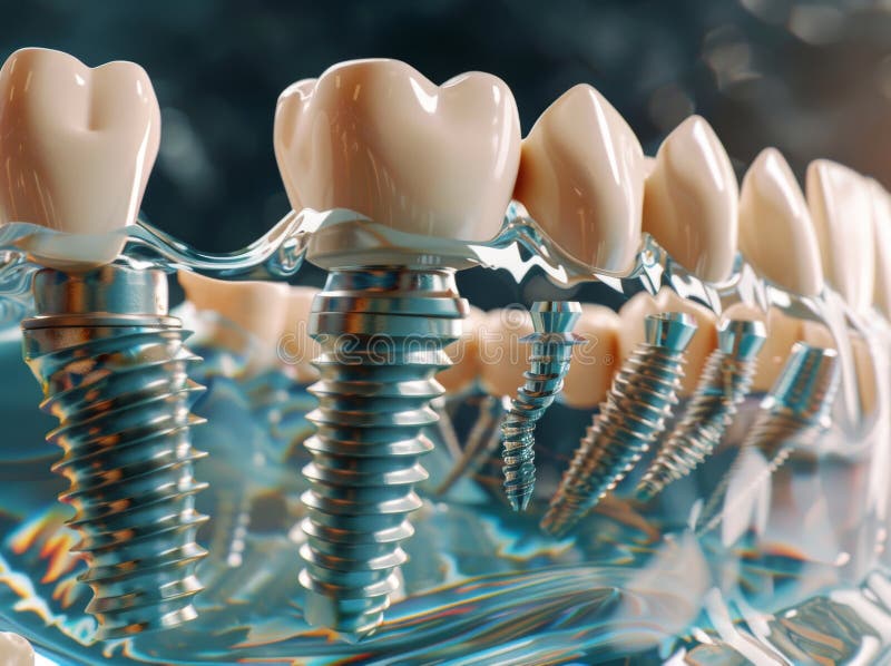 Concept of Placing Three Teeth on Three Implants. 3D Illustration of ...
