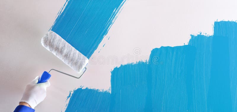 Concept of Professional Hand Painting Blue Sample on Wall Stock Photo ...