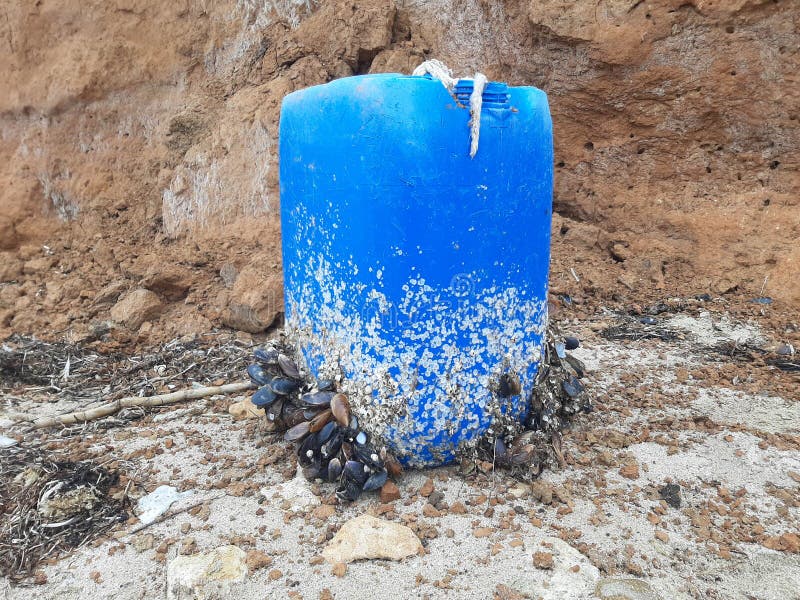 Blue Plastic Canister Overgrown with Shells on the Seashore Stock Photo ...