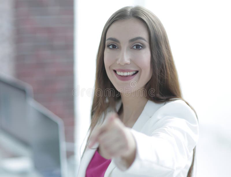 Confident Business Woman Pointing Finger Forward Stock Photo - Image of ...