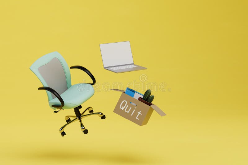 The Concept of Quit. a Work Chair, a Laptop and a Box of Things Flying ...