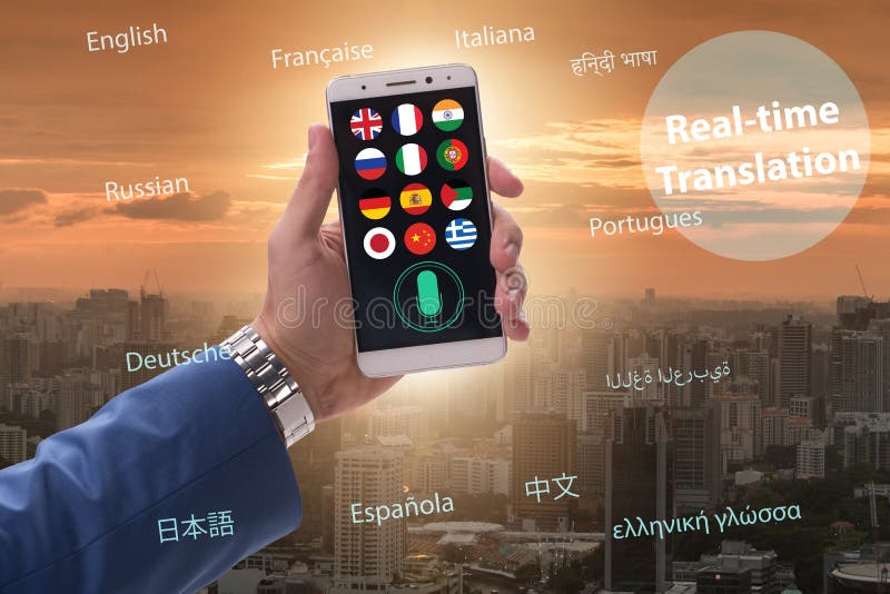 Concept of Real Time Translation with Smartphone App Stock Photo ...
