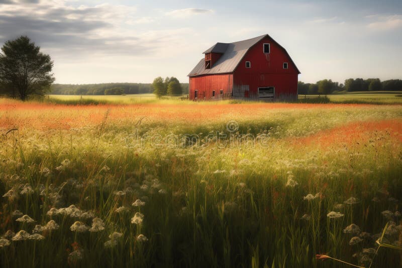Red Barn in the Field. Generative AI Stock Illustration - Illustration ...