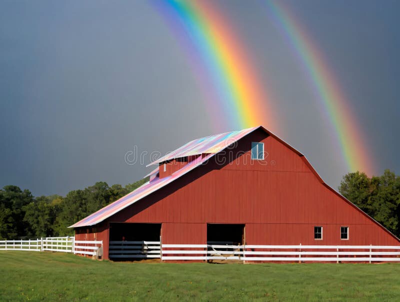 A Red Barn with a Rainbow in the Sky. Generative AI Stock Illustration ...