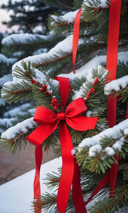 A Red Ribbon Tied To a Pine Tree. Generative AI Stock Illustration ...