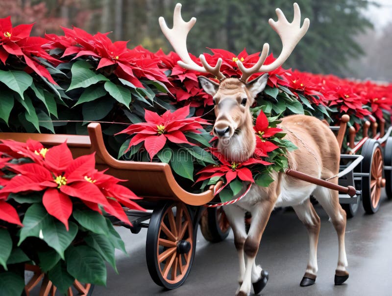 A Reindeer Pulling a Cart of Christmas Flowers. Generative AI Stock ...