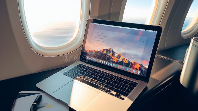 Concept of Remote Job Working on an Airplane. Sunset Clouds in the ...