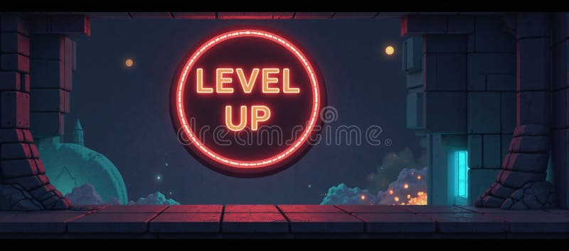 Retrostyle Pixelated Game Backdrop Featuring a Levelup Button Stock ...