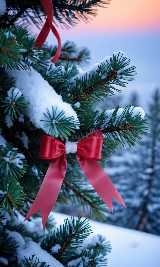 Ribbons and Bows Adorning a Snowy Pine Tree at Dus. Generative AI Stock ...