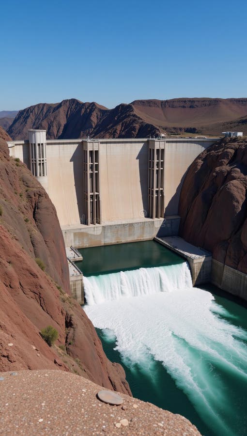 River Flows Beneath a Towering Dam Structure Stock Illustration ...