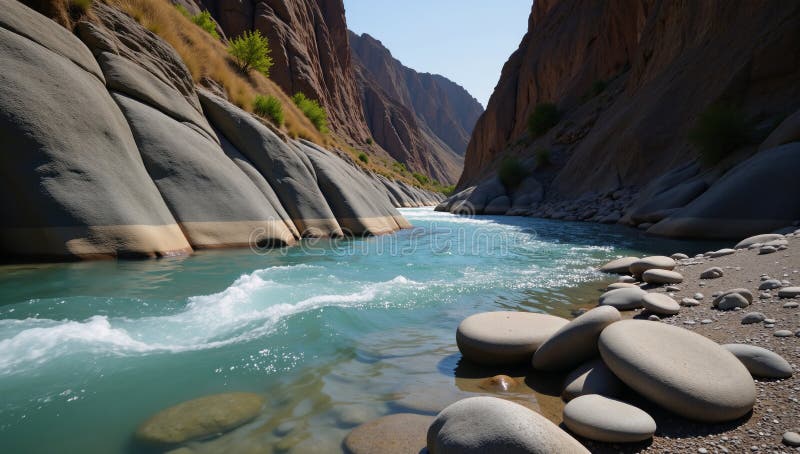 River Scene Featuring Rocky Canyon Backdrop Blue White Stock ...