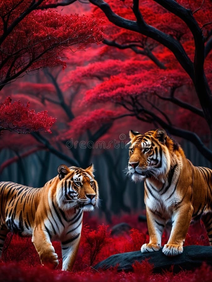 Roaring Beauty Tigers and Lions in the Red Forest.AI Generated Stock ...
