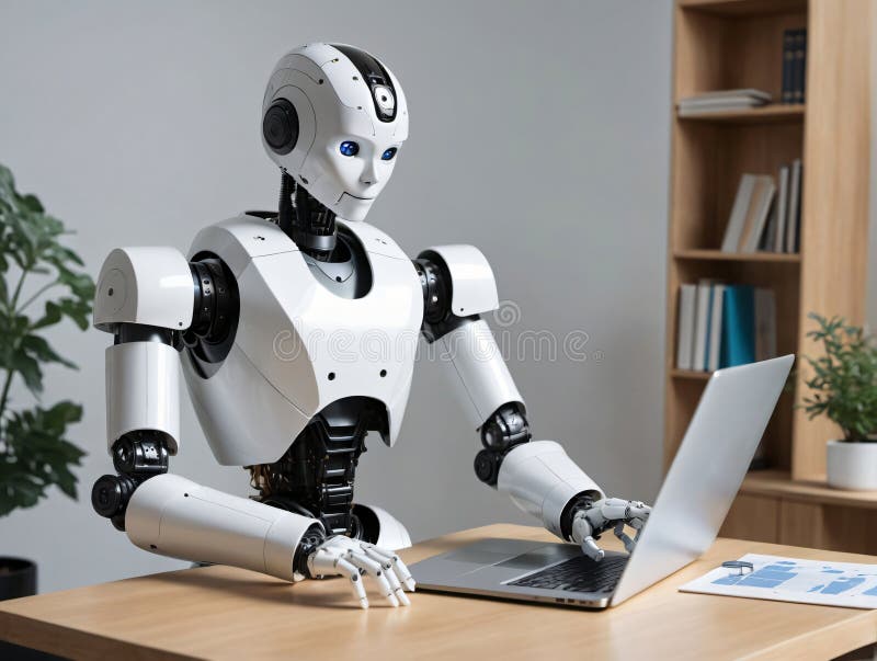 A Robot Sitting at a Desk Using a Laptop. Generative AI Stock ...
