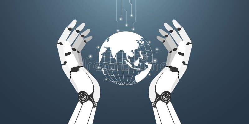 The Concept of a Robotic Hand Holding a Line Globe. Stock Illustration ...