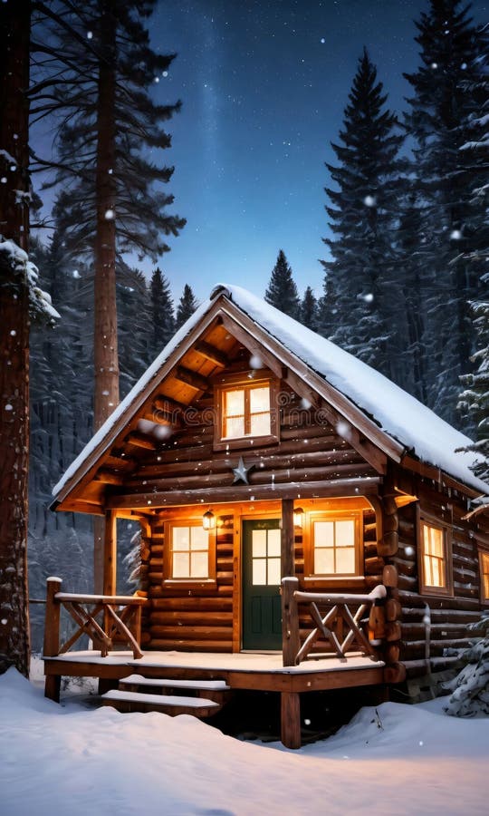 A Rustic Wooden Cabin Adorned with a Glowing Star, Pine Branches, and ...
