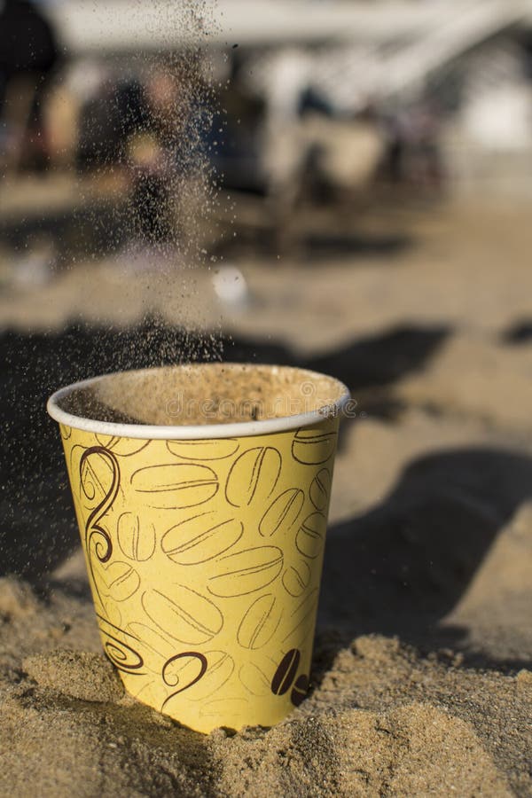Concept with Sand and Paper Cup on the Beach Stock Image - Image of ...