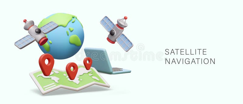 Concept of Satellite Navigation. 3D Earth, Space Stations, Laptop, Map ...