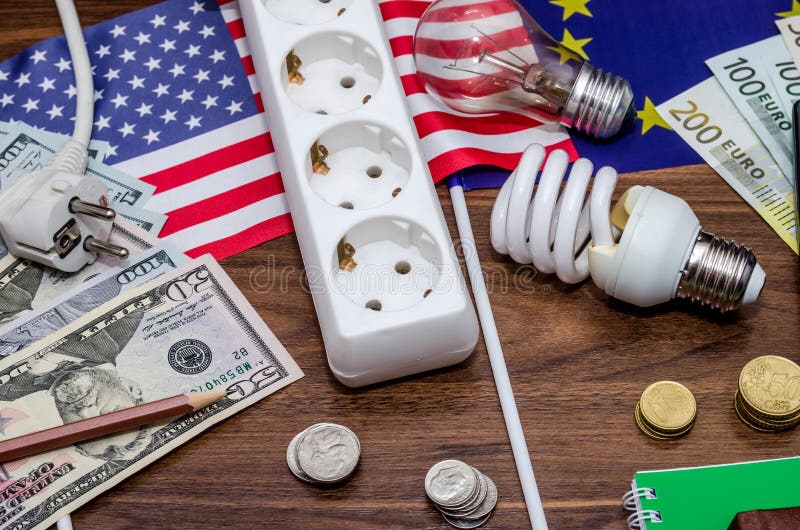 Concept of Saving Money. Bulbs with Dollars and Euro Banknotes Stock ...