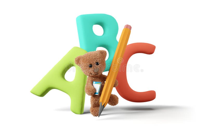 Concept of School. Cute Teddy Bear with Pencil and Book and ABC 3d ...
