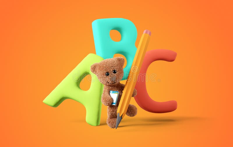 Concept of School. Cute Teddy Bear with Pencil and Book and ABC 3d ...