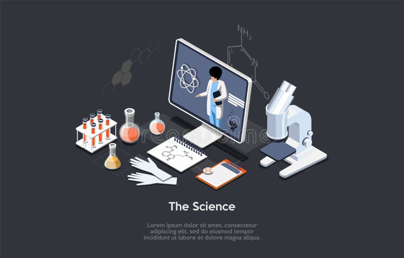 Concept of Science. Scientist on Computer Screen Presents the Results ...