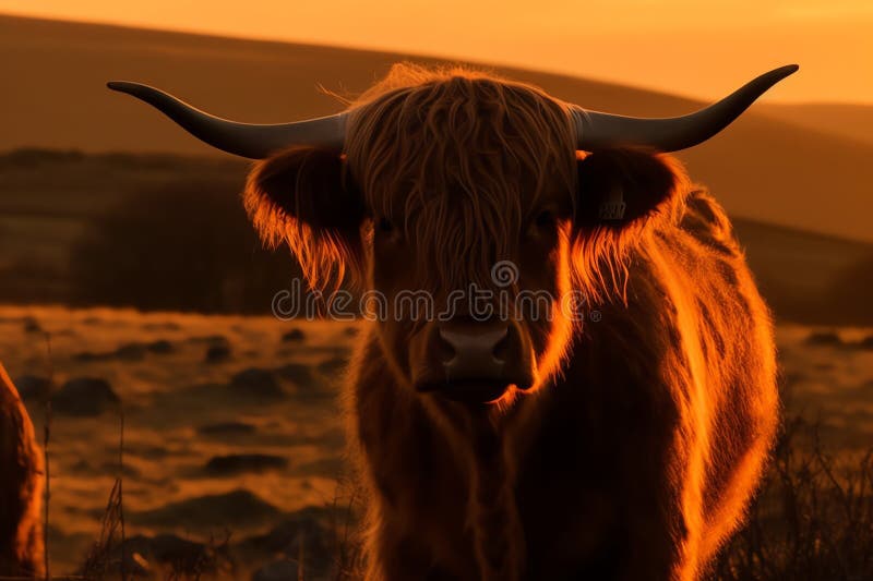 Scottish Highland Cow in the Sunset. Generative AI Stock Illustration ...