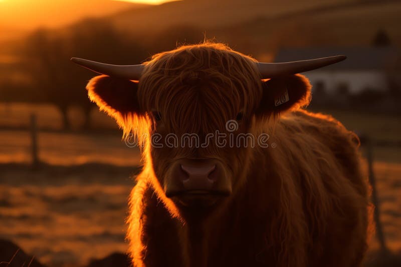 Scottish Highland Cow in the Sunset. Generative AI Stock Illustration ...