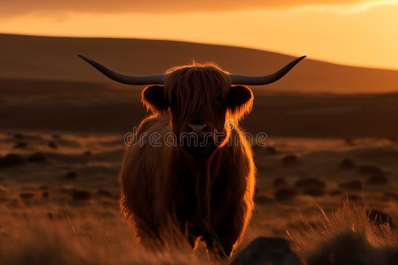 Scottish Highland Cow in the Sunset. Generative AI Stock Illustration ...