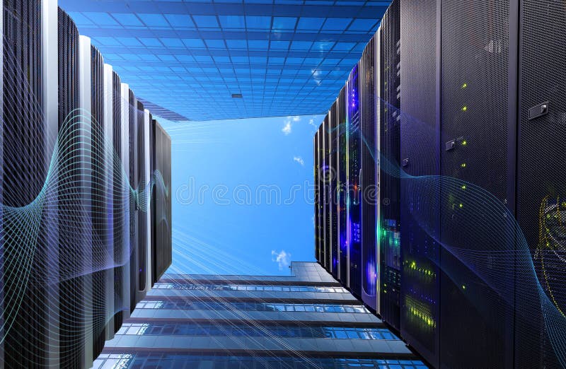Concept Server Room of Data Center and Building Exterior Wall Under the ...