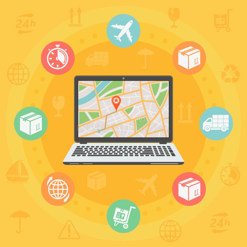 Shipping Parcel GPS Tracking Order Design. Laptop with GPS Map on ...