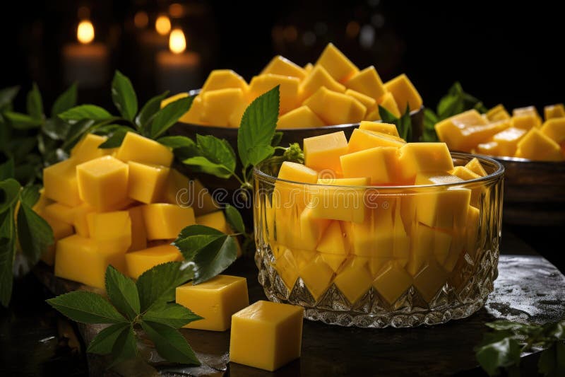 Concept of Sleeve Background Design Superior View of Fresh Mango Cubes ...