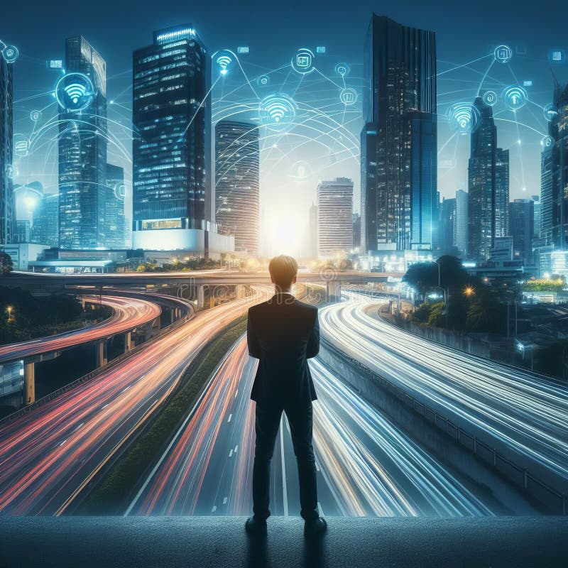 Businessman Looks at Smart City from Behind, Wireless Network ...