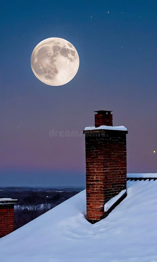 A Snowy Rooftop with a Lit Chimney and a Full Moon in the Background ...