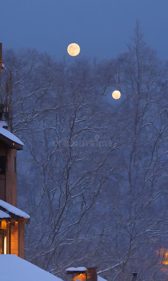 A Snowy Rooftop with a Lit Chimney and a Full Moon in the Background ...