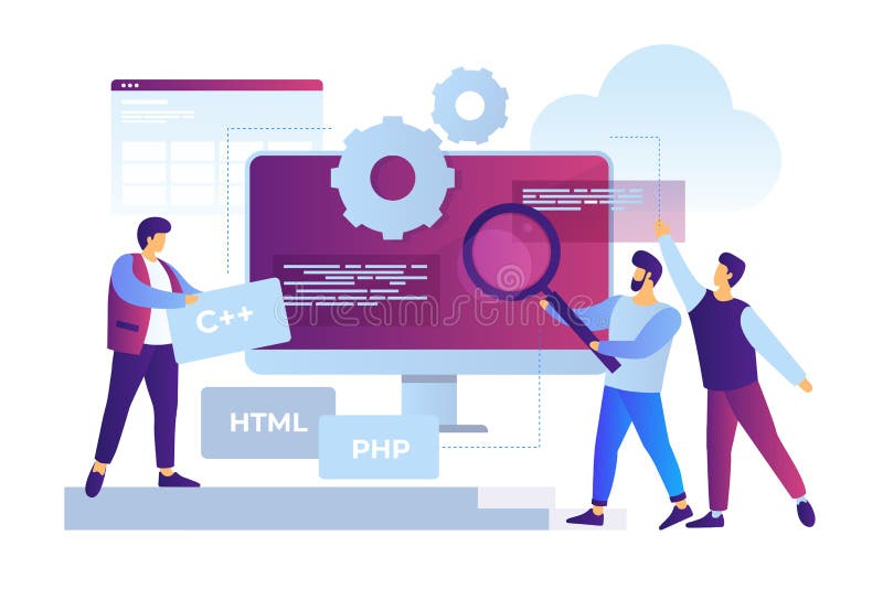 Concept of Software Development and Applications. Team of Young Cartoon ...