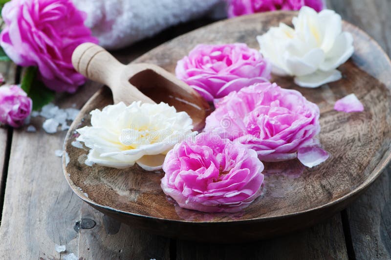 Concept of Spa Treatment with Roses and Salt Stock Photo - Image of ...