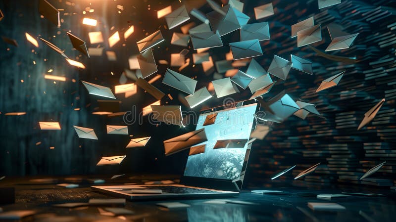 Conceptual Image with Flying Envelopes and Laptop. Concept of Spam and ...