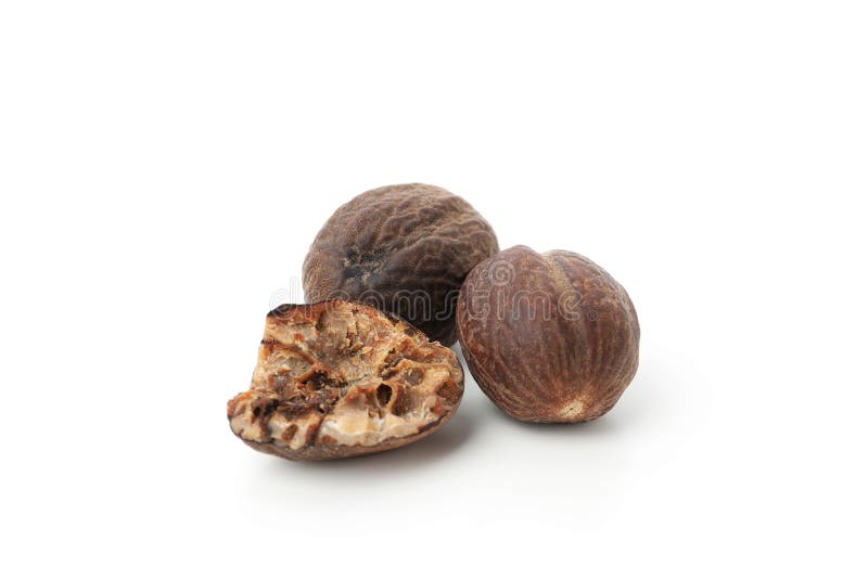 Concept of Spices and Condiments, Nutmegs, Isolated on White Background ...