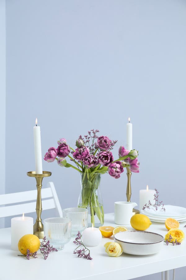 Concept of Spring Season Table Setting, Space for Text Stock Photo ...