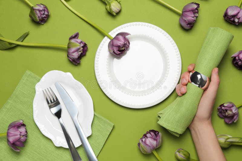 Concept of Spring Season Table Setting, Space for Text Stock Photo ...