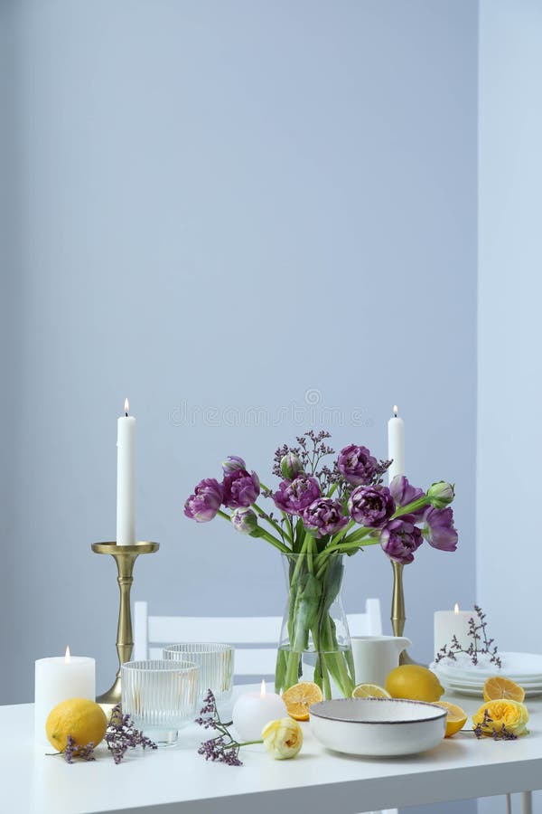 Concept of Spring Season Table Setting, Space for Text Stock Photo ...