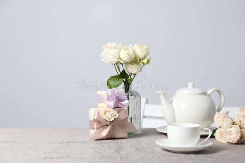 Concept of Spring Season Table Setting, Space for Text Stock Photo ...