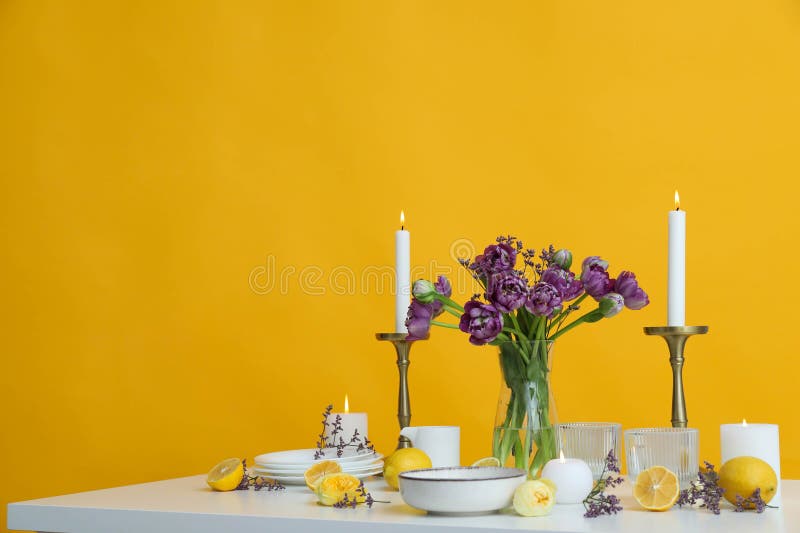 Concept of Spring Season Table Setting, Space for Text Stock Photo ...