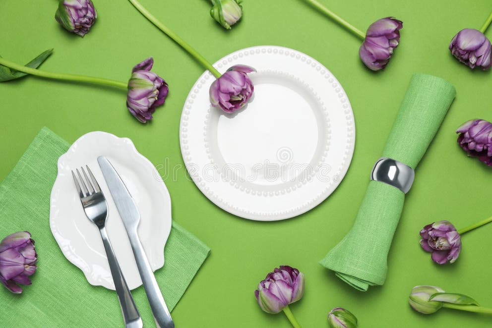 Concept of Spring Season Table Setting, Top View Stock Image - Image of ...