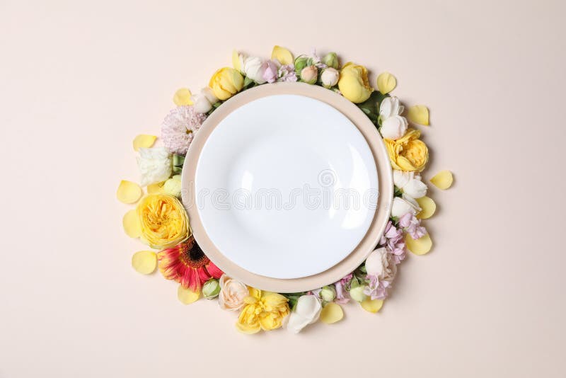 Concept of Spring Season Table Setting, Top View Stock Photo - Image of ...