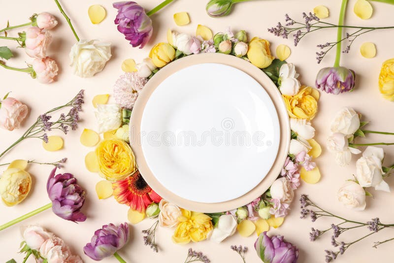 Concept of Spring Season Table Setting, Top View Stock Photo - Image of ...