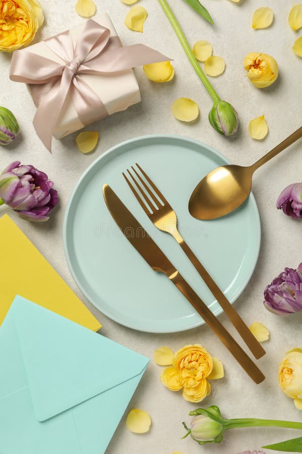 Concept of Spring Season Table Setting, Top View Stock Image - Image of ...