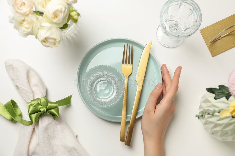 Concept of Spring Season Table Setting, Top View Stock Image - Image of ...