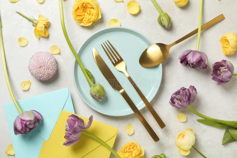 Concept of Spring Season Table Setting, Top View Stock Image - Image of ...