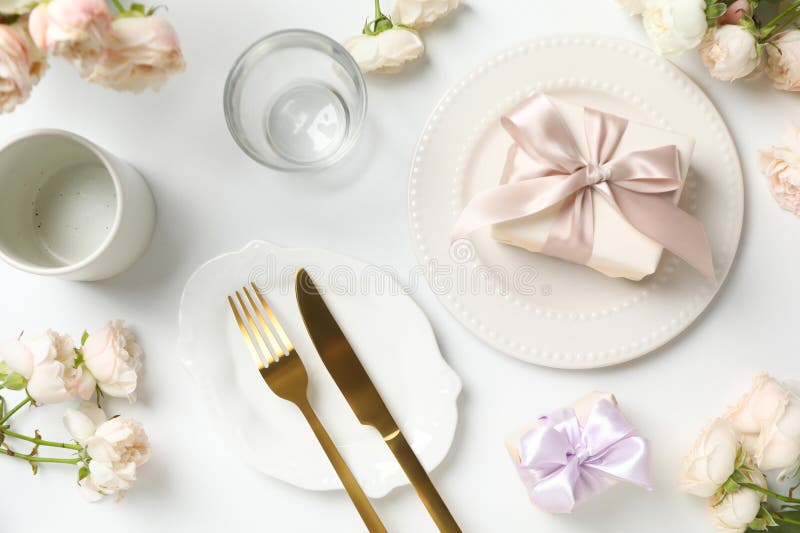 Concept of Spring Season Table Setting, Top View Stock Image - Image of ...